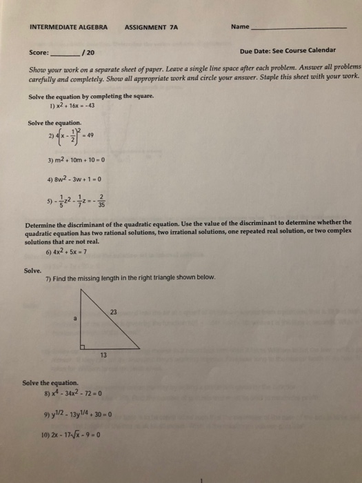 Solved INTERMEDIATE ALGEBRA ASSIGNMENT 7A Name Due Date: See | Chegg.com