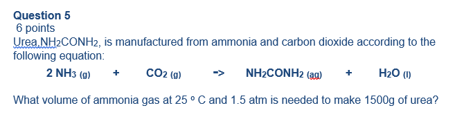 Solved Question 5 6 points Urea NH2CONH2, is manufactured | Chegg.com
