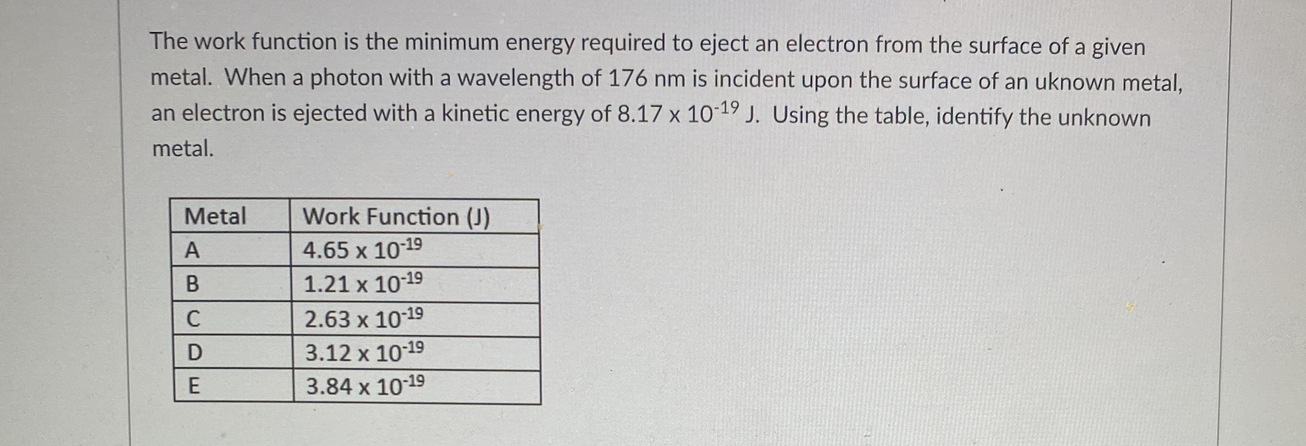Solved The work function is the minimum energy required to | Chegg.com