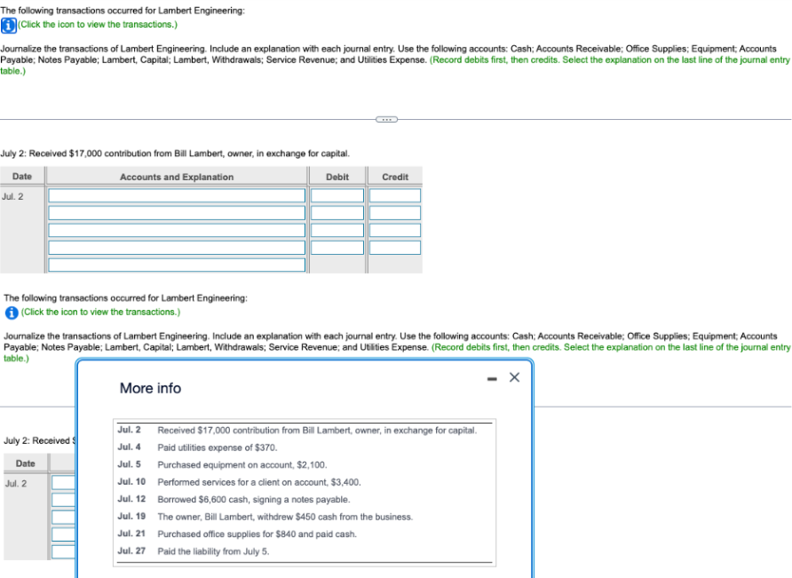 Solved Journalize the transactions of Lambert Engineering. | Chegg.com