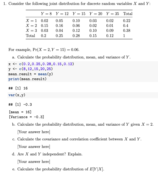 Solved 1. Consider the following joint distribution for | Chegg.com