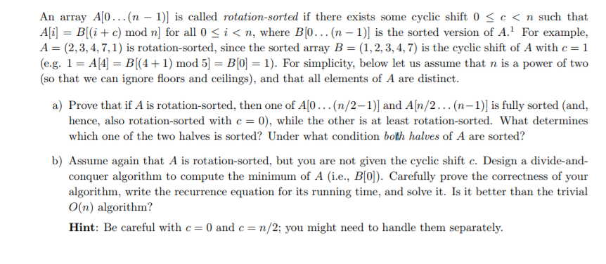 Solved An array A[o...(n - 1) is called rotation-sorted if | Chegg.com