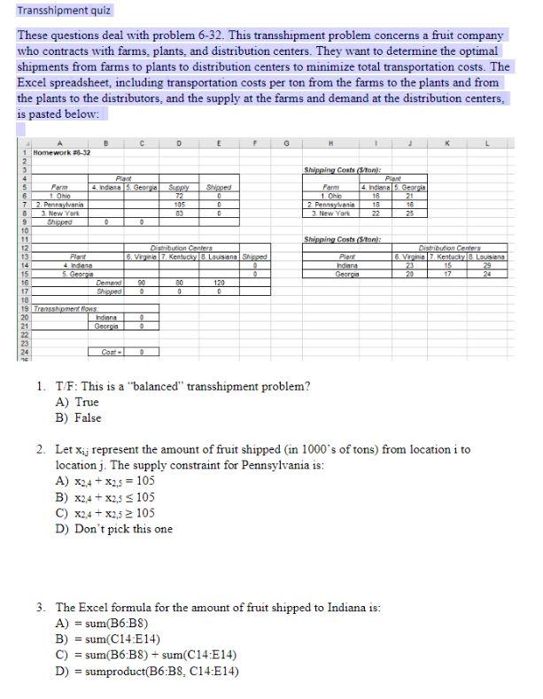 Solved Transshipment quiz These questions deal with problem | Chegg.com