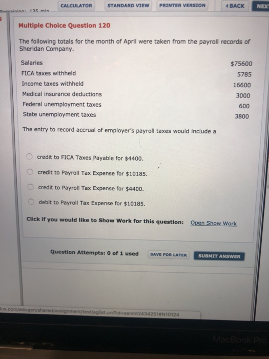 Solved STANDARD VIEW PRINTER VERSION ( BACK CALCULATOR NEX | Chegg.com