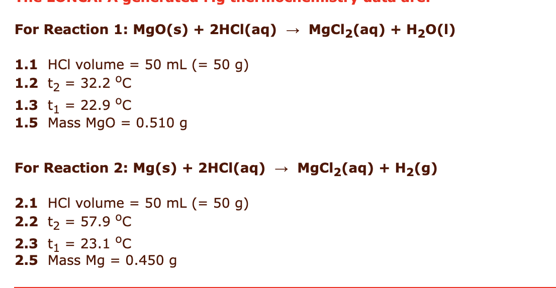 Solved For Reaction 1: Mgo(s) + 2HCl(aq) MgCl2(aq) + H2O(1) | Chegg.com