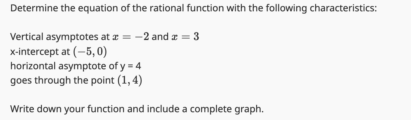 Solved Determine the equation of the rational function with | Chegg.com