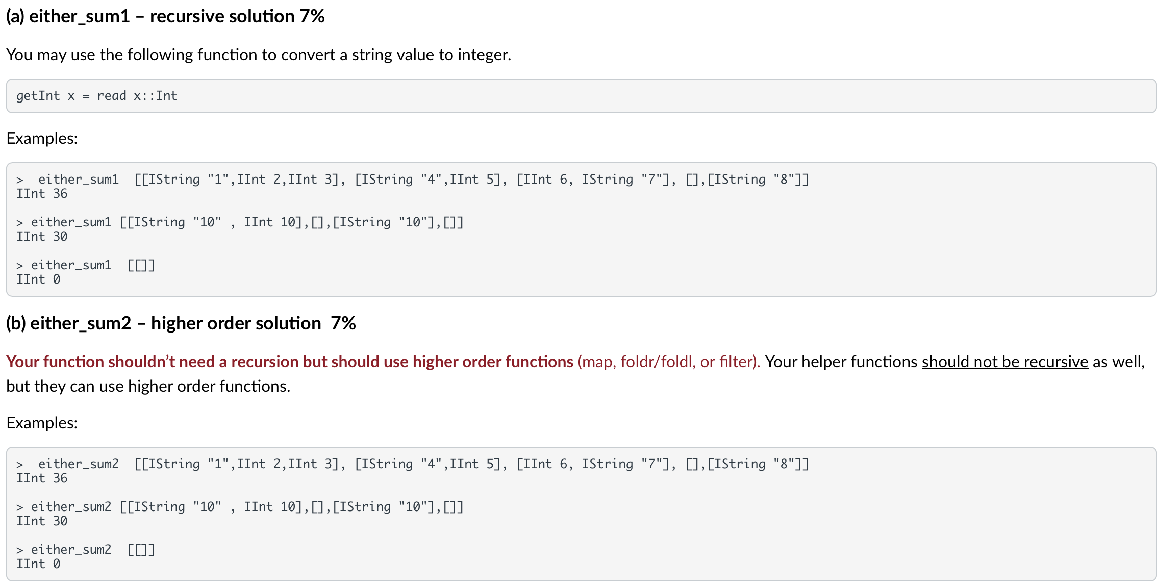 Solved (a) either_sum1 - recursive solution 7% You may use | Chegg.com