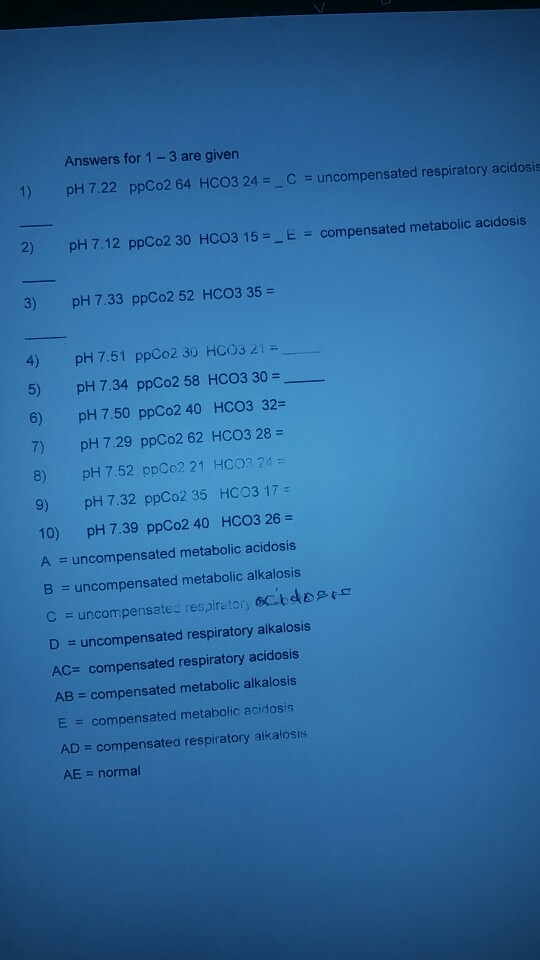 Solved Answers for 1-3 are given 1) pH 7.22 ppCo2 64 HCO3 | Chegg.com