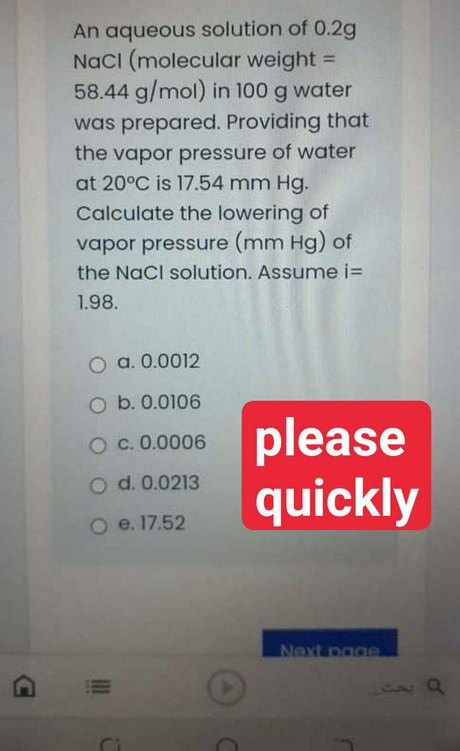 Solved An aqueous solution of 0.2g Naci (molecular weight = | Chegg.com