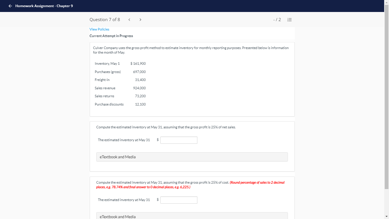 Solved f Homework Assignment - Chapter 9 Question 7 of 8 > | Chegg.com