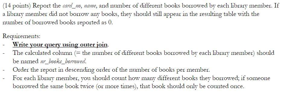 Solved The LIBRARY database book book id int title varchar | Chegg.com