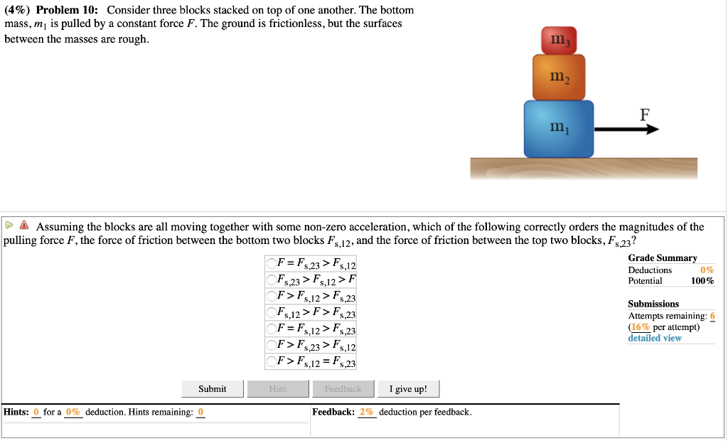 Solved (4%) Problem 10: Consider three blocks stacked on top | Chegg.com
