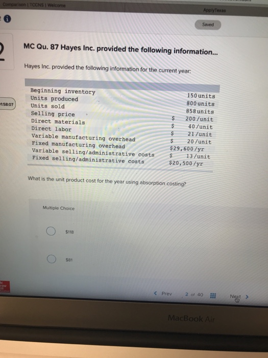 Solved ApplyTexas Saved MC Qu. 87 Hayes Inc. provided the | Chegg.com