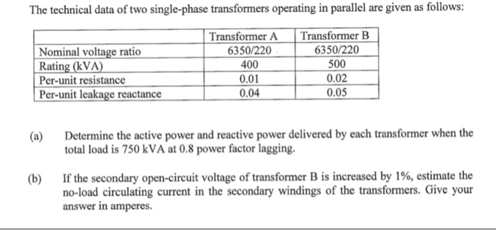 Solved The technical data of two single-phase transformers | Chegg.com