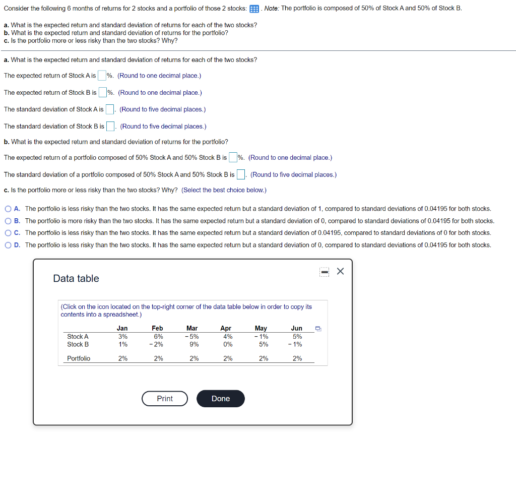 Solved Consider the following 6 months of returns for 2 | Chegg.com
