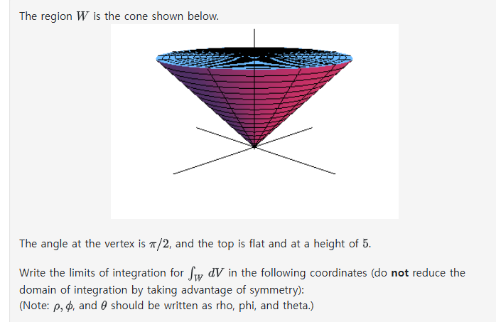 Solved by an EXPERT The region W is ﻿the cone shown below.The angle at | Chegg.com