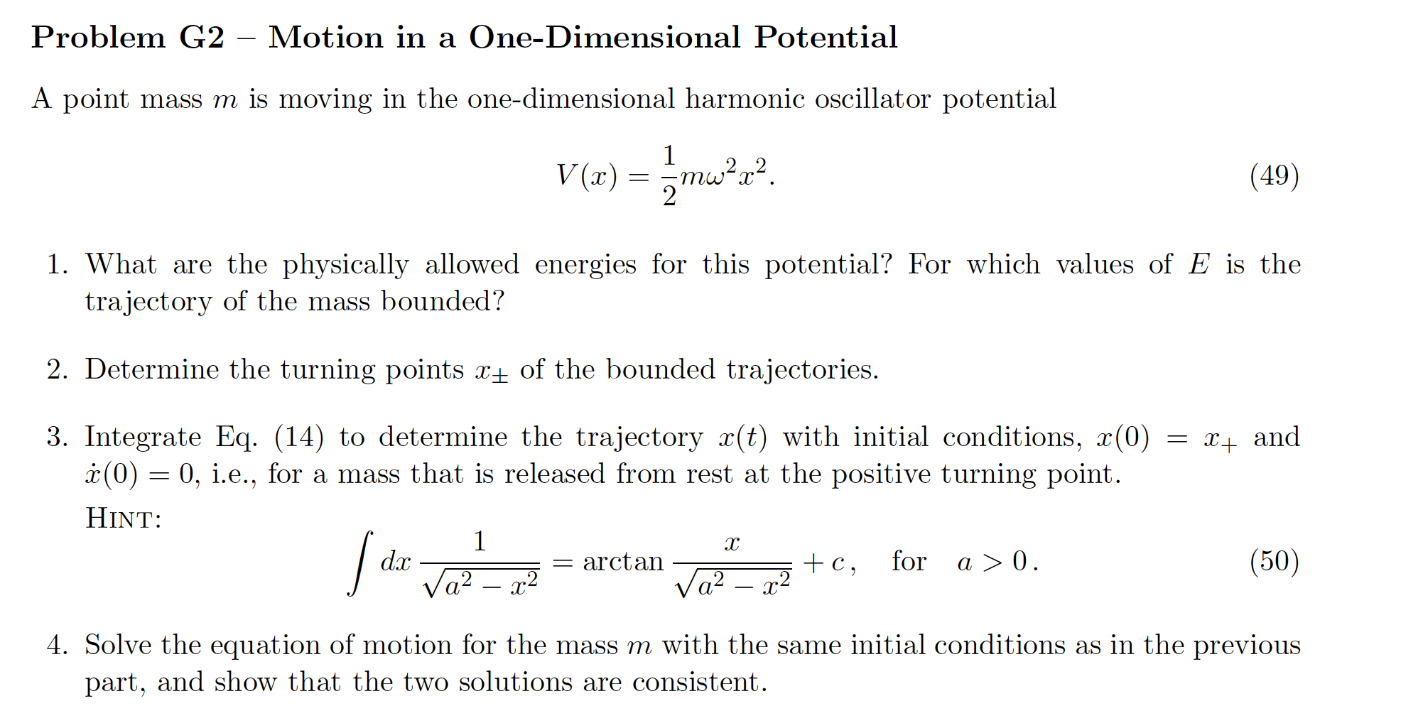 Solved Problem G2 - Motion in a One-Dimensional Potential A | Chegg.com