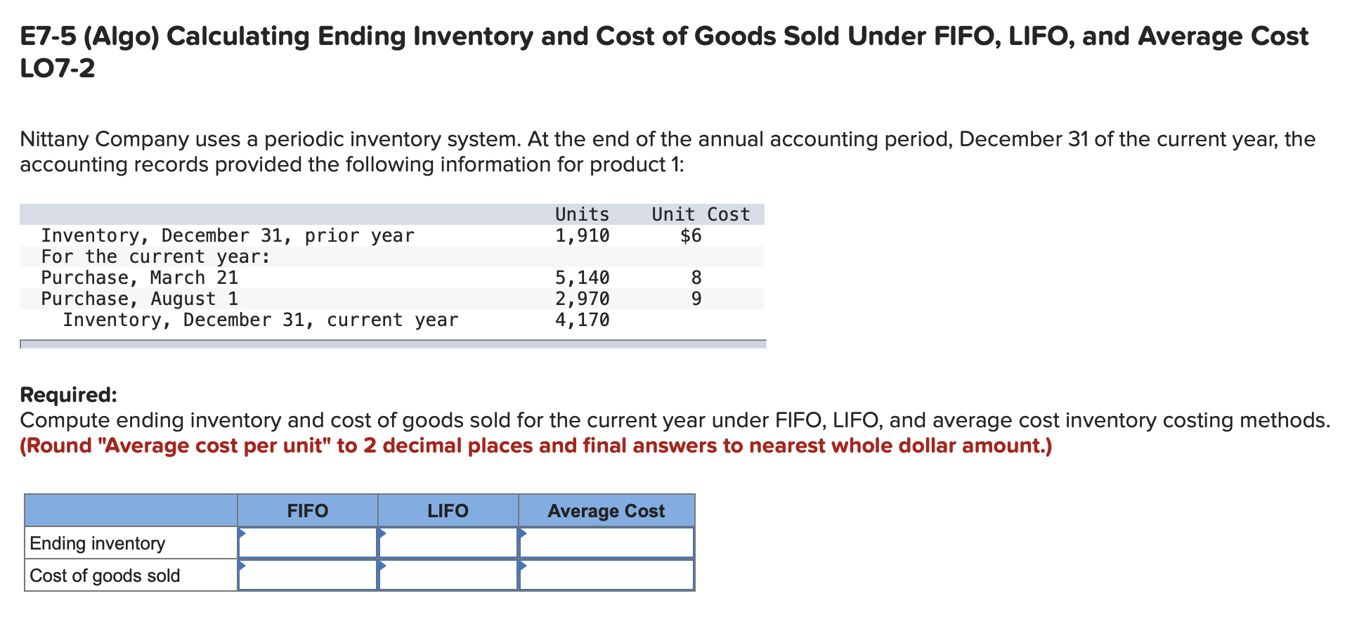 Solved E7-5 (Algo) Calculating Ending Inventory and Cost of | Chegg.com