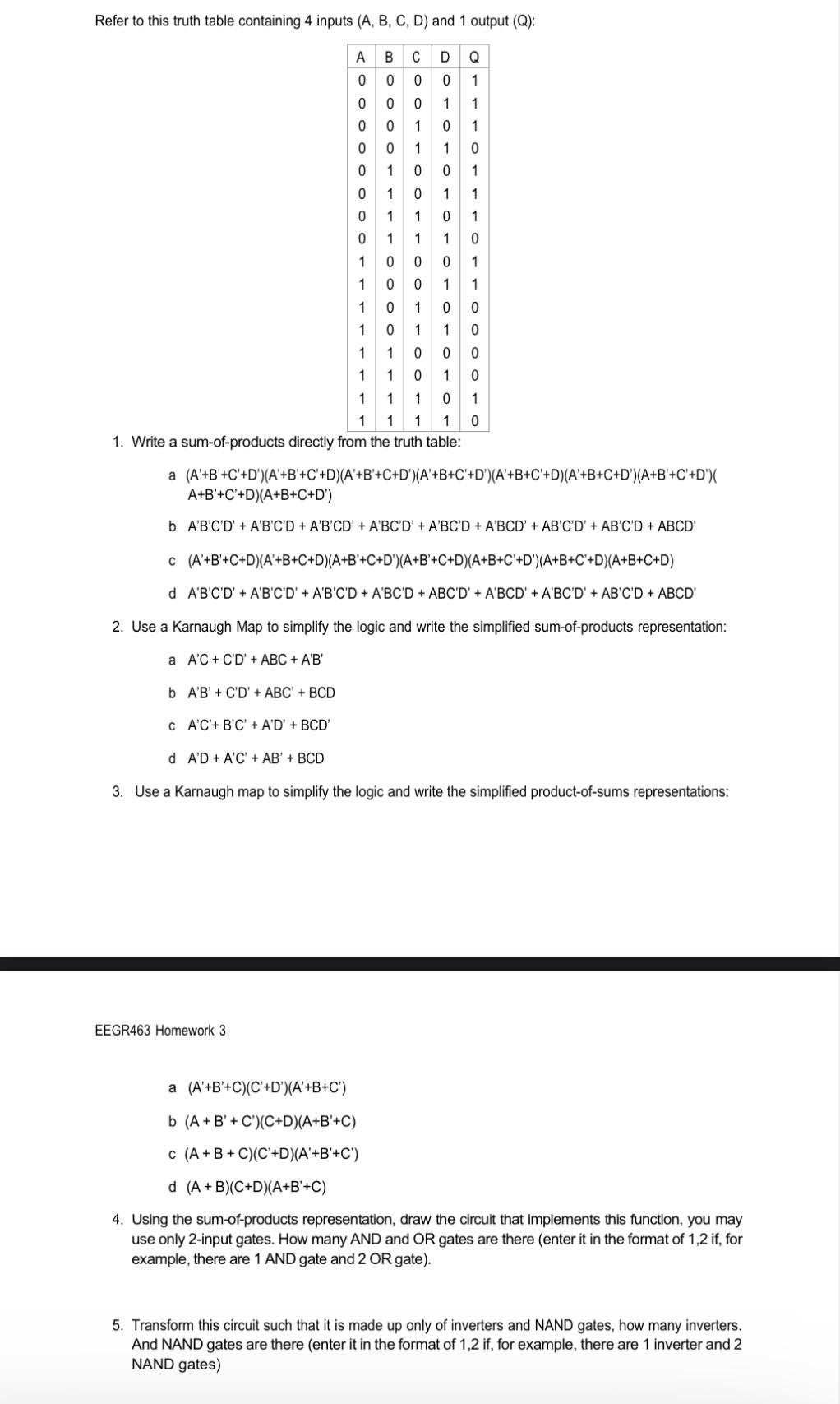 Solved Refer To This Truth Table Containing 4 Inputs A B