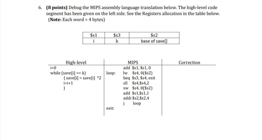 Solved 6. (8 points) Debug the MIPS assembly language | Chegg.com