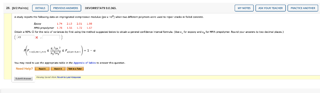 Solved 26. [0/2 Points] DETAILS PREVIOUS ANSWERS DEVORESTAT9 | Chegg.com