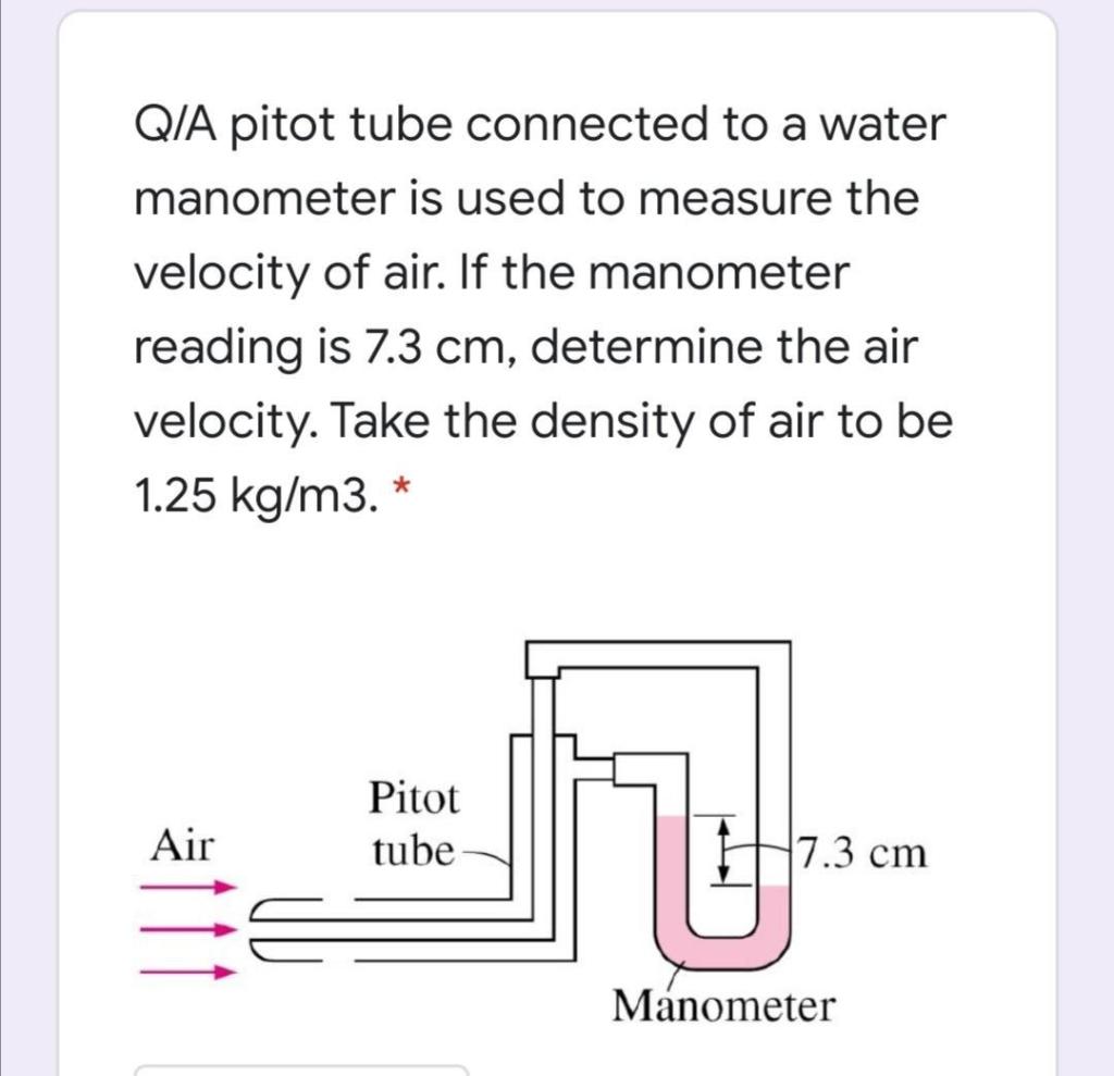 Solved Q/A pitot tube connected to a water manometer is used | Chegg.com