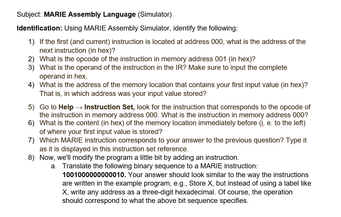 Solved Subject: MARIE Assembly Language (Simulator) | Chegg.com