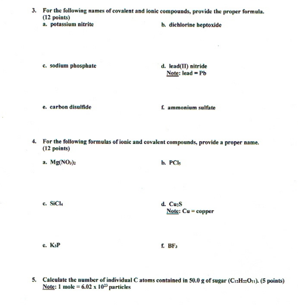 Solved 3. For the following names of covalent and ionic | Chegg.com