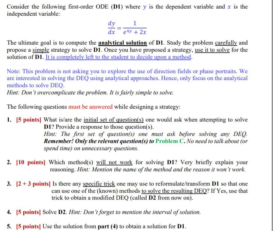 Solved Consider the following first-order ODE (D1) where y | Chegg.com