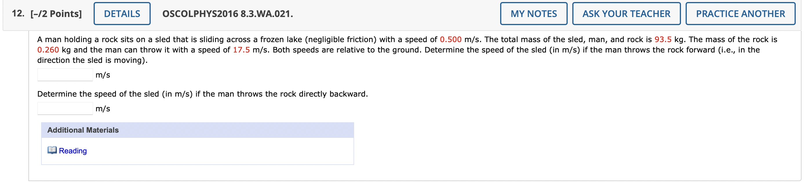 Solved 12 [ 2 Points] Details Oscolphys2016 8 3 Wa 021 My