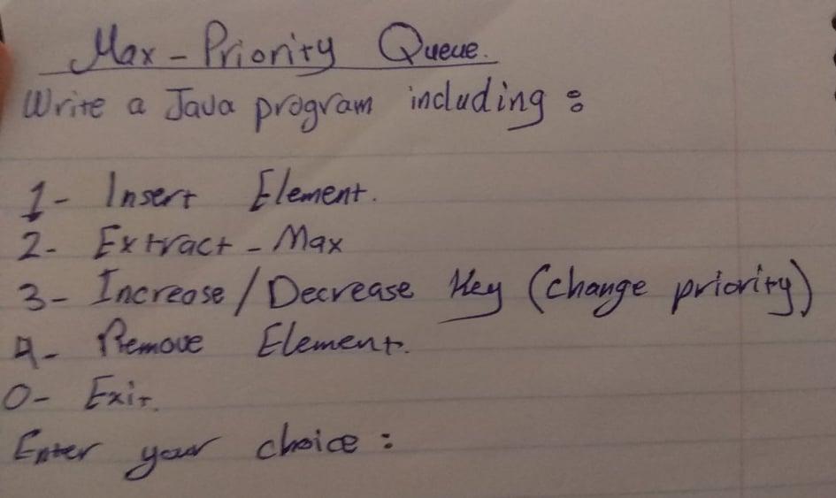 Solved Max- Priority Queue. Write a Java program including: | Chegg.com
