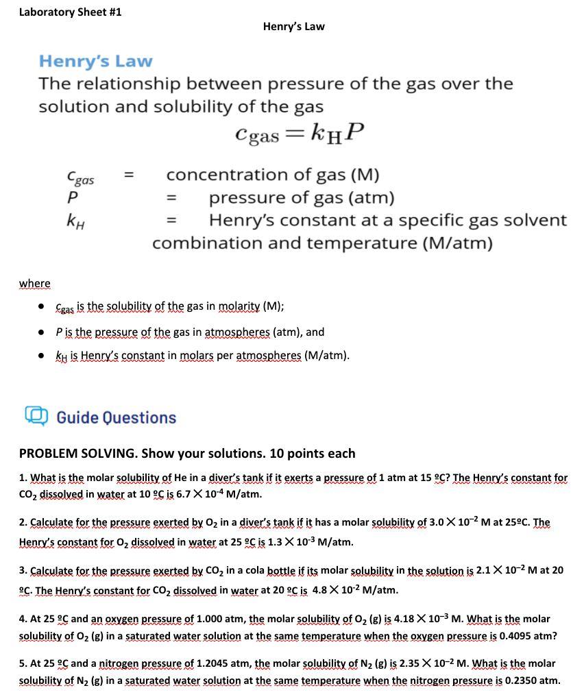 Solved Laboratory Sheet #1 Henry's Law Henry's Law The | Chegg.com