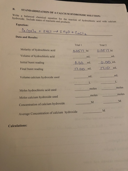 B. STANDARDIZATION OF A CALCIUM HYDROXIDE SOLUTION: | Chegg.com