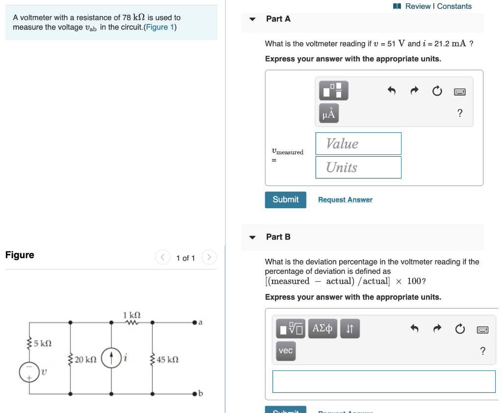 Solved 1 Review Constants Part A A voltmeter with a | Chegg.com