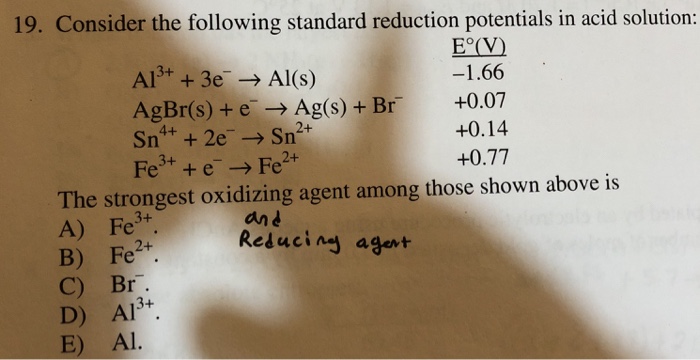 Solved How do I determine which is the strongest reducing | Chegg.com