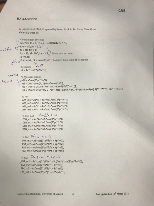 CM8 MATLAB CODE: % Experiment CMS (Prepared by Assoc. | Chegg.com