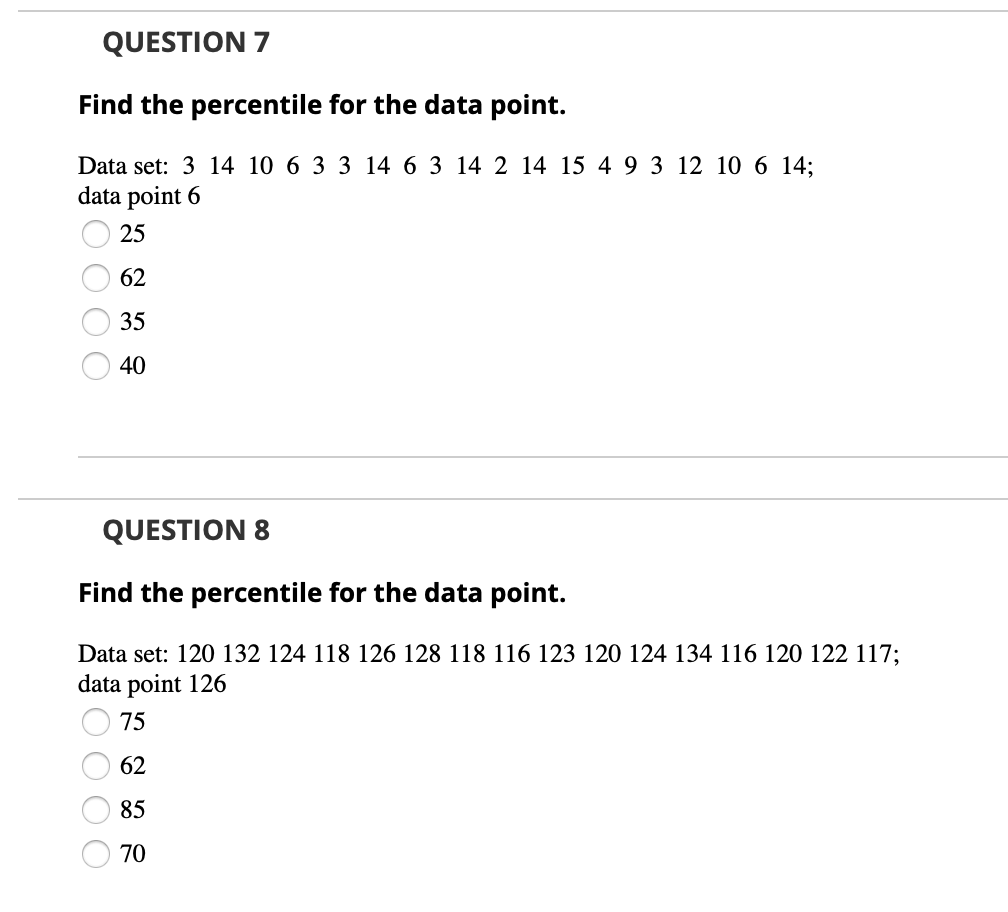 Solved QUESTION 7 Find the percentile for the data point. | Chegg.com