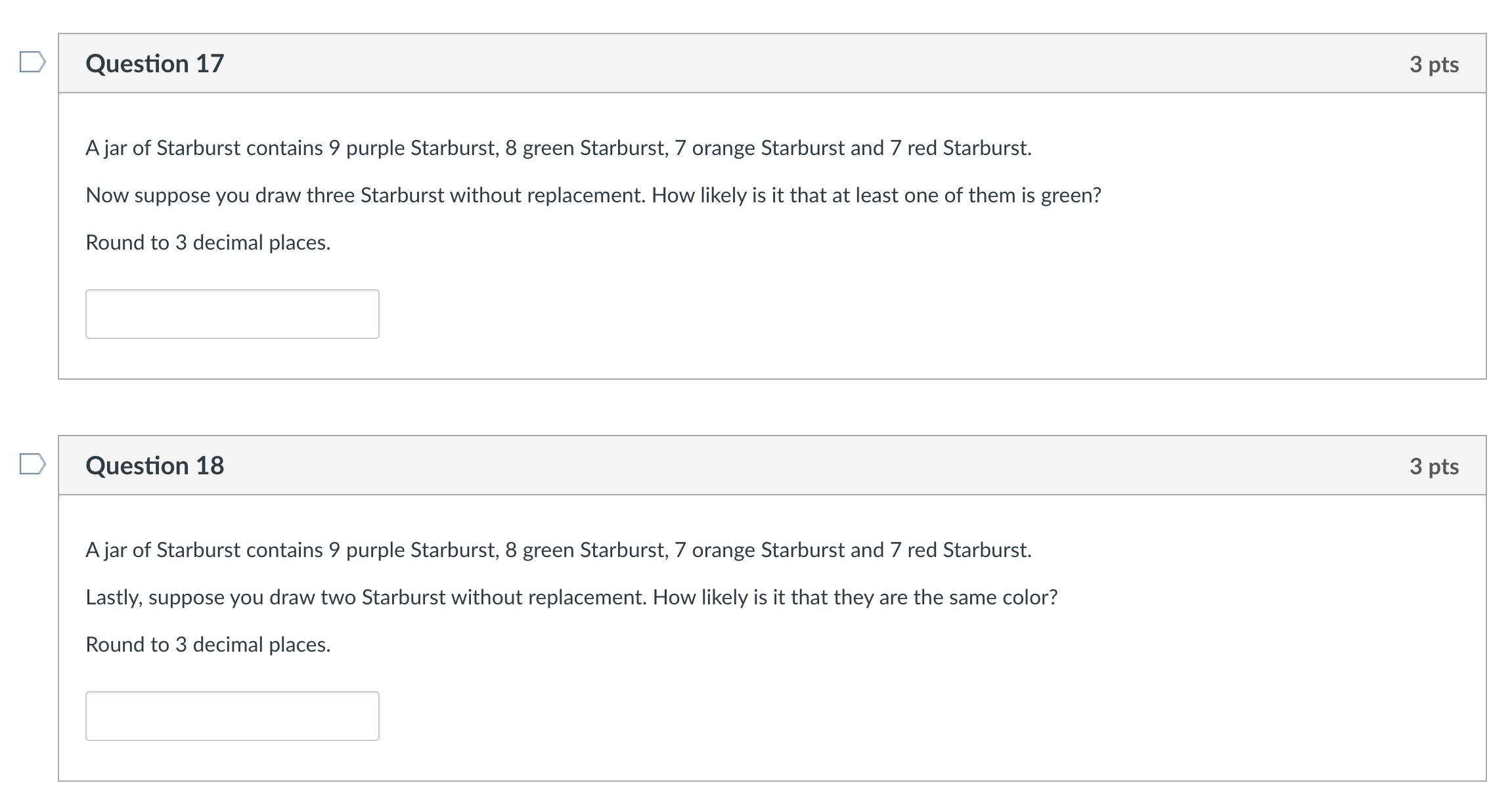 Solved Question 17 3 pts A jar of Starburst contains 9 | Chegg.com