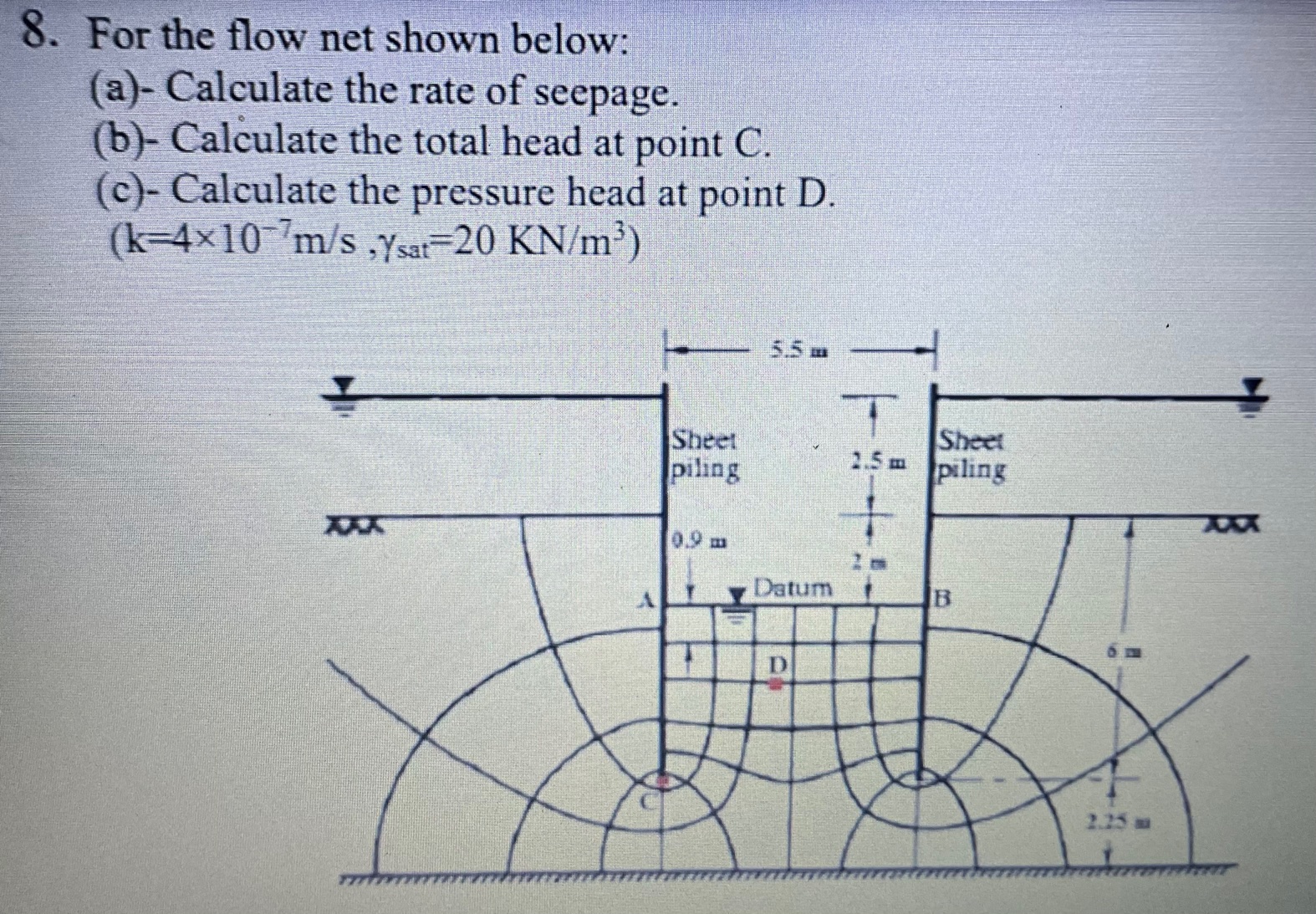 Solved 8. For the flow net shown below: (a)- Calculate the | Chegg.com