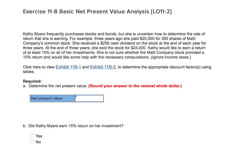 Solved Exercise 11-8 Basic Net Present Value Analysis | Chegg.com