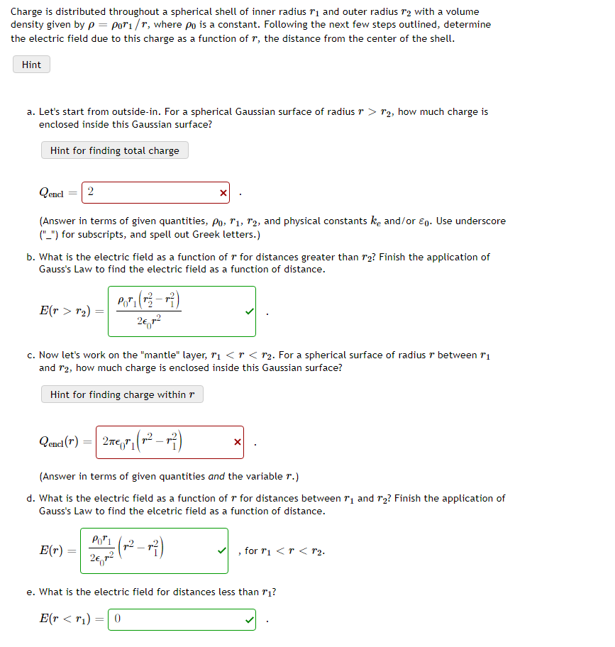 Solved Charge is distributed throughout a spherical shell of | Chegg.com