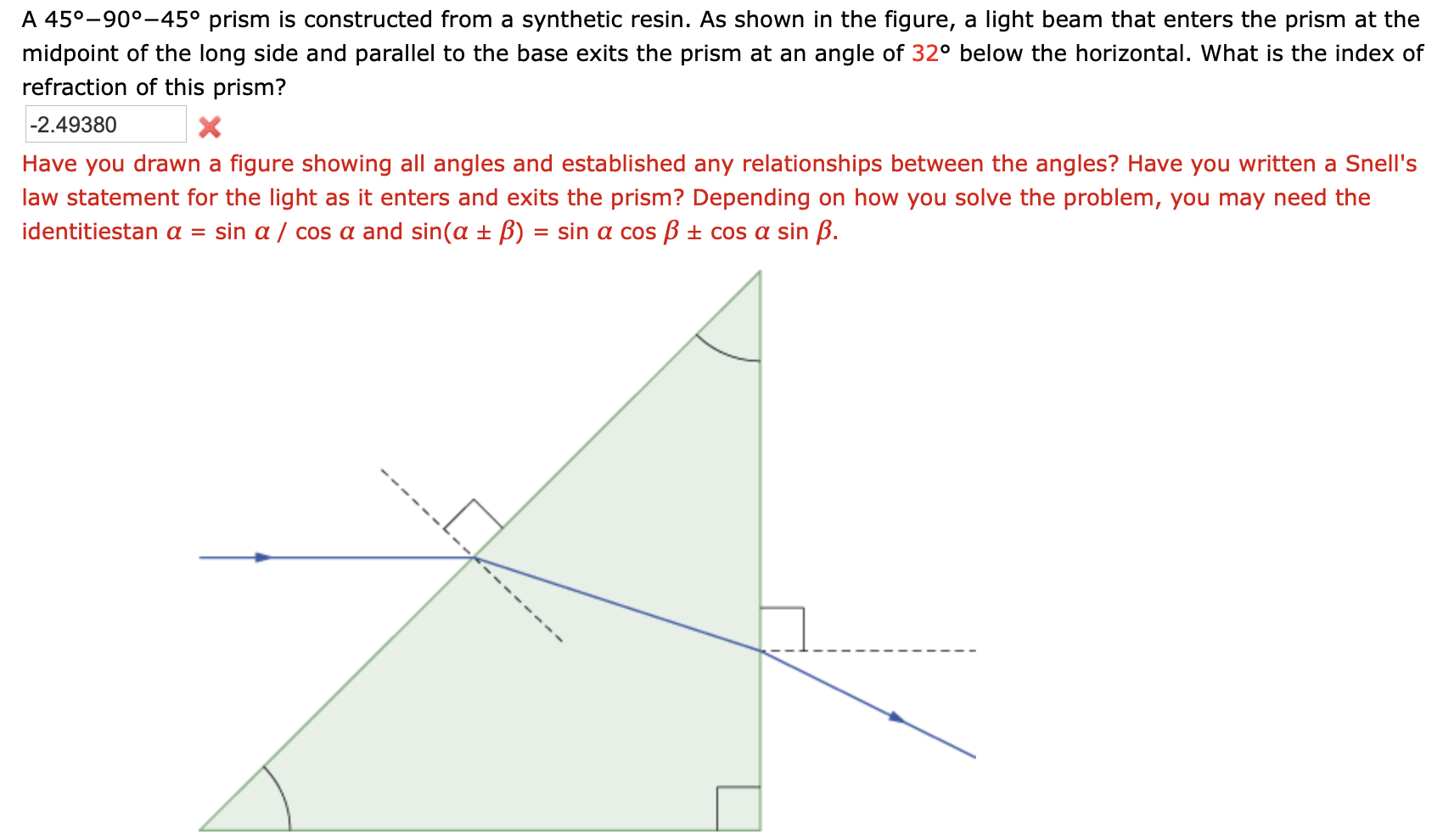Solved A 45°-90°-45° prism is constructed from a synthetic | Chegg.com