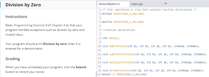 + Division by Zero divisionByZero.h main.cpp 1/* | Chegg.com