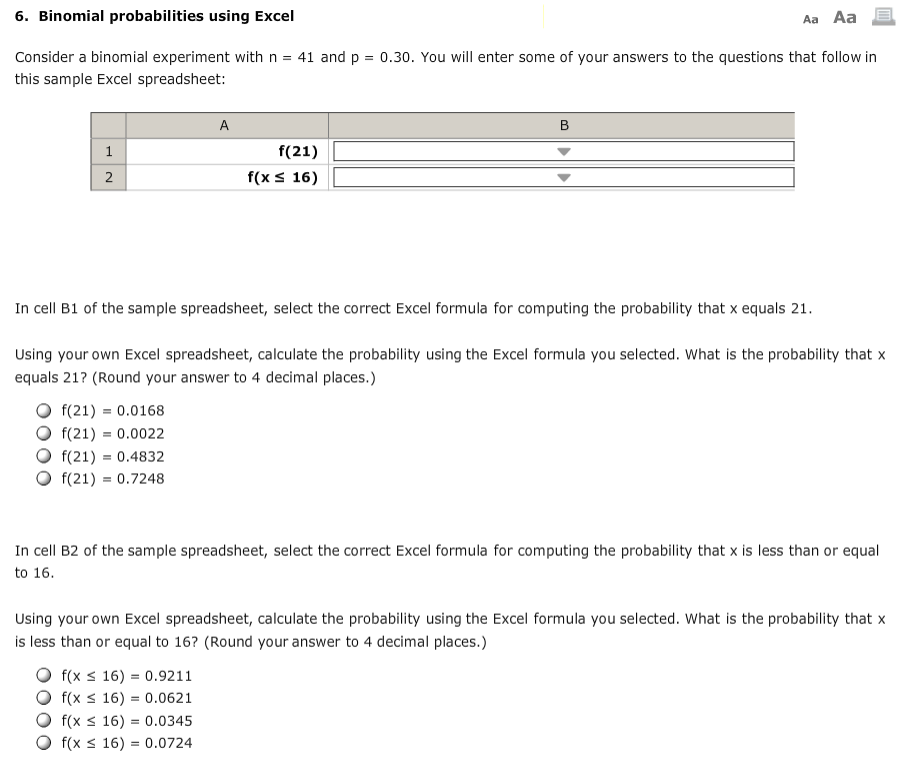 Solved 6. Binomial probabilities using Excel Aa Aa Consider | Chegg.com