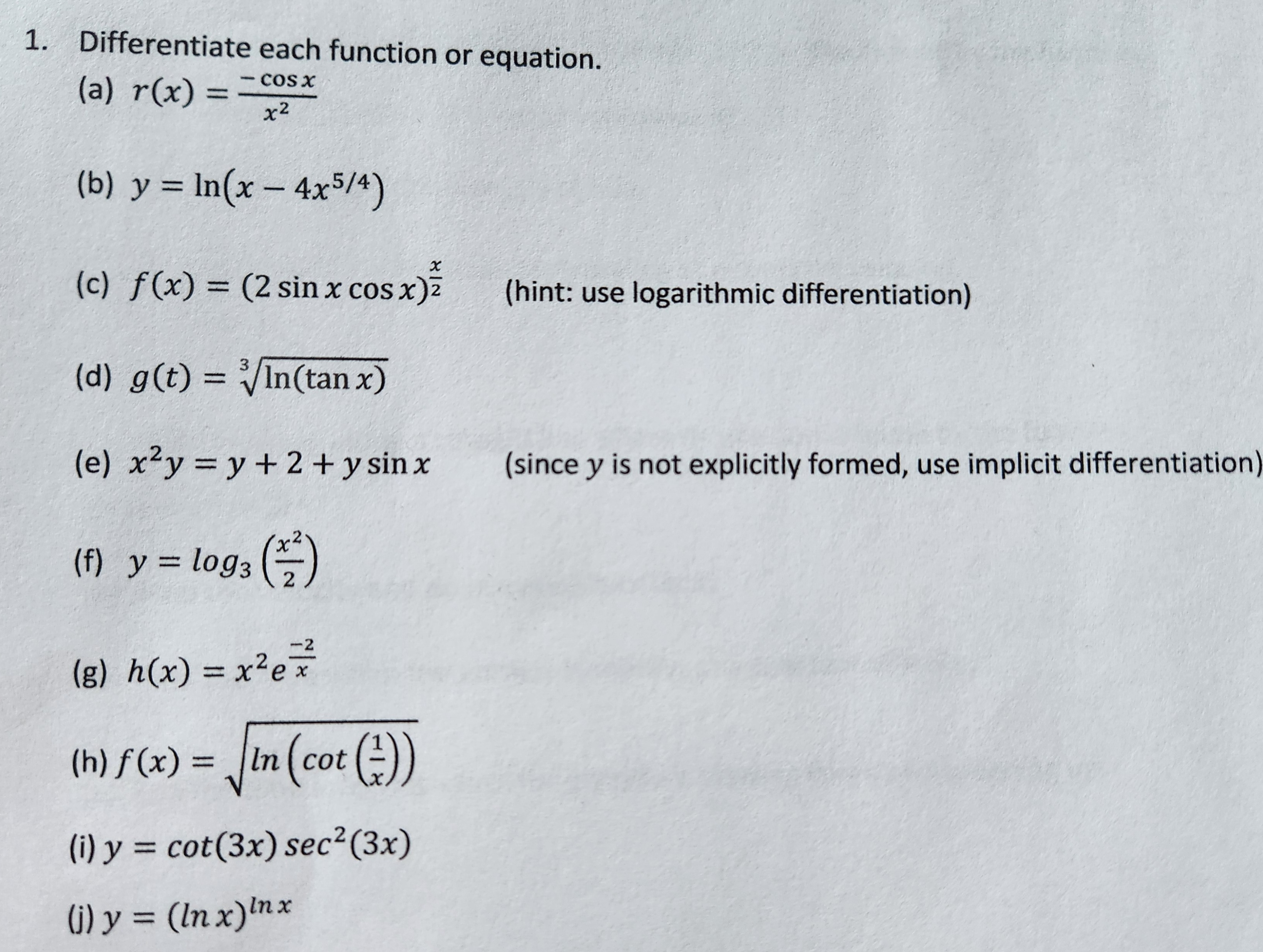 Solved 1. Differentiate each function or equation. (a) | Chegg.com