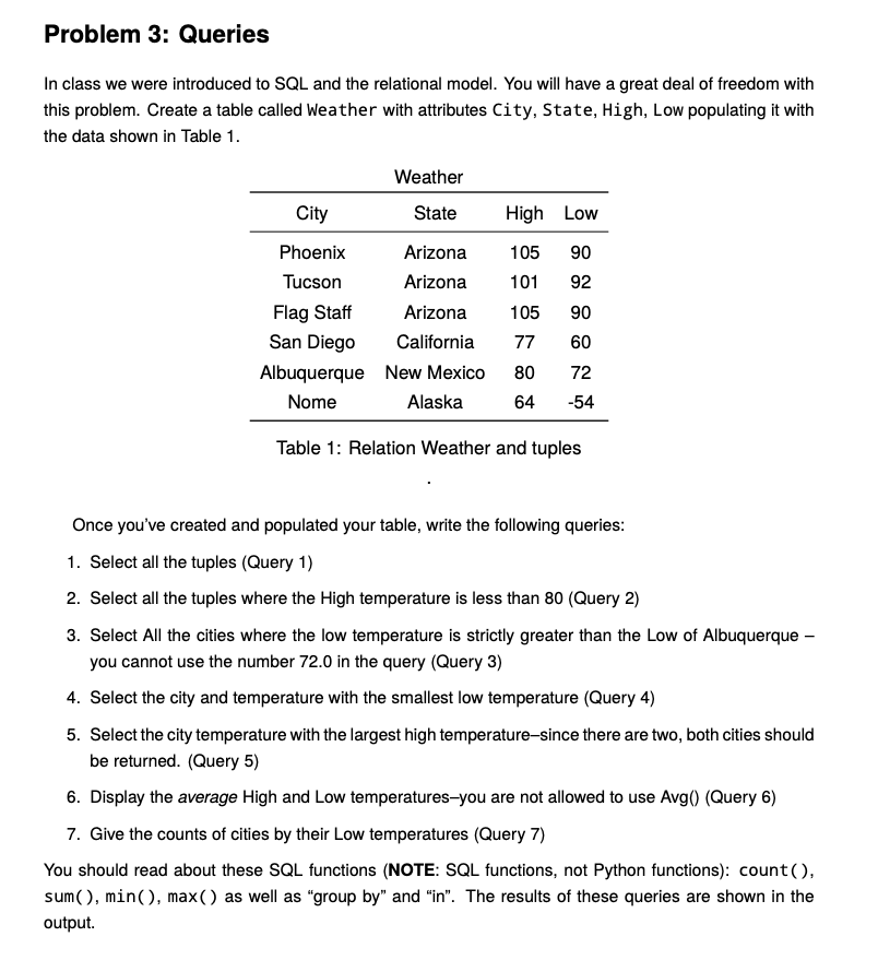 Solved Problem 3: Queries In class we were introduced to SQL | Chegg.com
