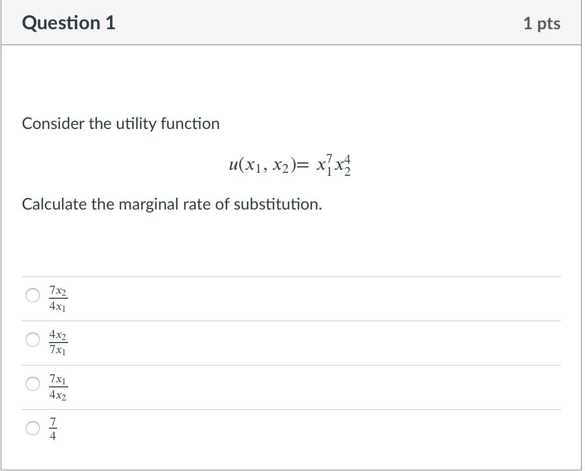 Solved Question 1 1 pts Consider the utility function u(x1, | Chegg.com
