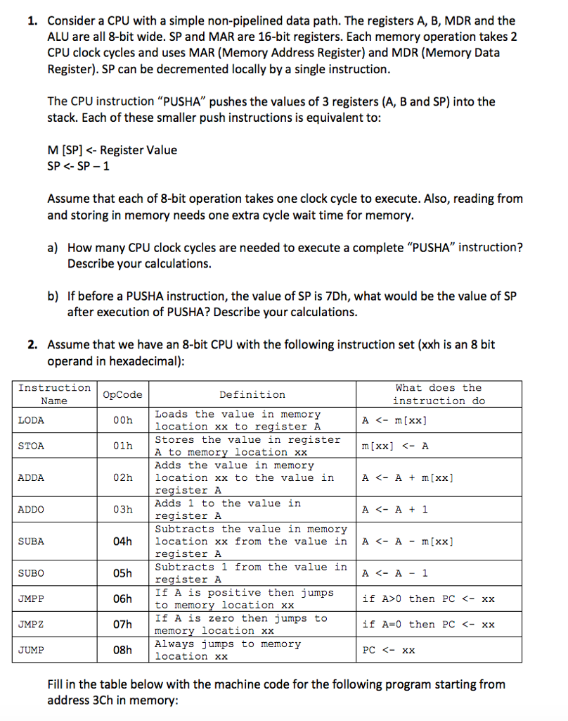 Solved 1. Consider a CPU with a simple non-pipelined data | Chegg.com