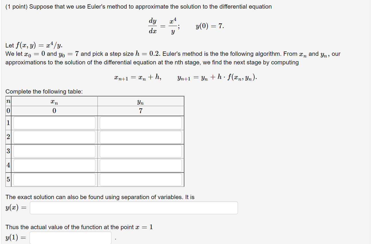 Solved (1 point) Suppose that we use Euler's method to | Chegg.com