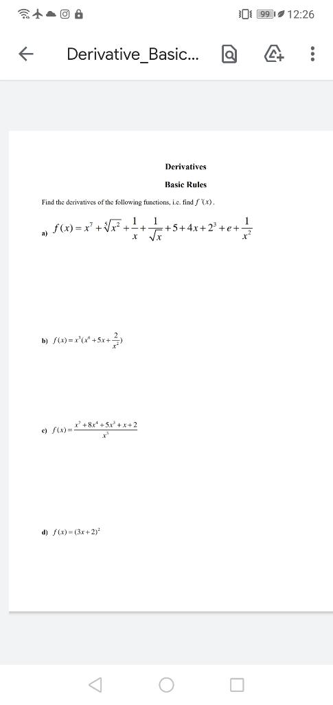 Solved 会@6 ( 99 12:26 Derivative_Basic... Derivatives Basic | Chegg.com